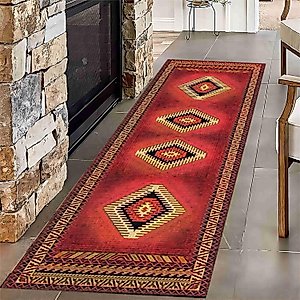 PDENZG Native American Runner Rug, 2x7ft, Machine Washable Rug for Hallway, Soft Large Runner Rugs with Anti-Slip Backing, Vintage Style Cabin Rug for Bedroom, Living Room, Dining Room Entrance