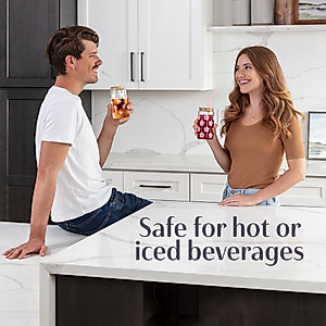 Drinking Glasses with Bamboo Lids - 16oz Glass Cups with Airtight Lid and Wide Silicone Straws - Set of Four - Can Shape Glassware with Fun Designs