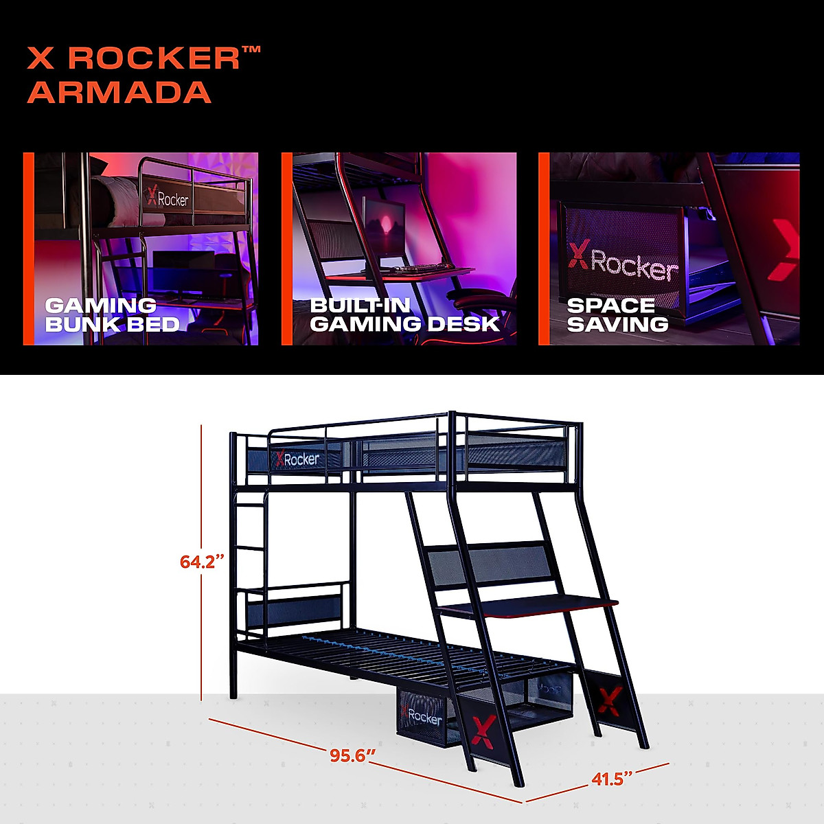 X Rocker Armada Gaming Bunk Bed, Durable Metal Frame, Built-in Gaming Desk, Safe Ladder, Grid Mesh Sides, 7000301, 95.6" x 41.5" x 64.2", Twin Over Twin, Black
