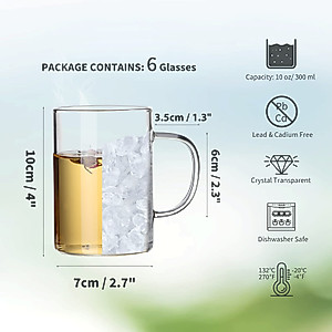 HORLIMER 10 oz Glass Coffee Mugs Set of 6, Clear Coffee Cup with Handle for Tea Cappuccino Latte Milk Juice Hot Beverages