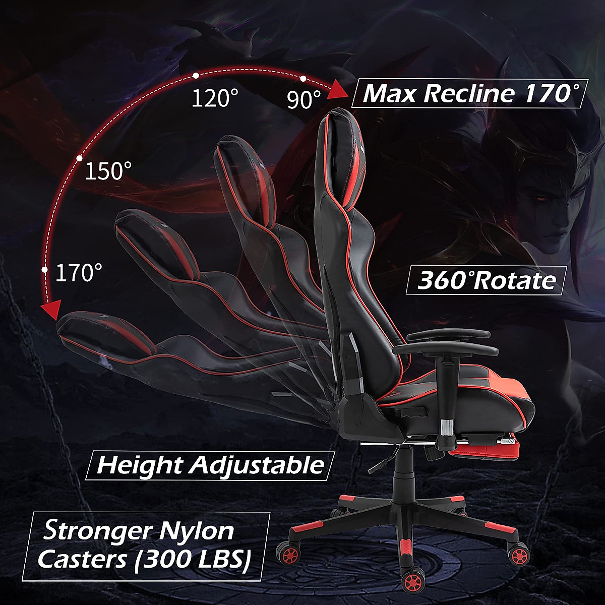 X-VOLSPORT Massage Gaming Chair with Footrest Reclining High Back Ergonomic Office Chair with Lumbar Support and Headrest Computer Chair Red Desk Chair