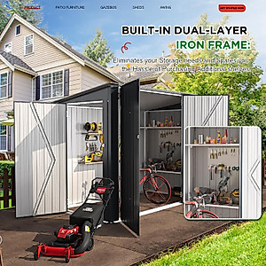 AECOJOY Storage Shed, 4' x 7.5' Bike Sheds & Outdoor Storage with Racks, Metal Double-Sided Door Storage Cabinet Sheds for Garden