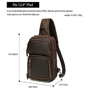 LANNSYNE Full Grain Leather Sling Bag For Men Crossbody Chest Daypack fits 12.9" iPad