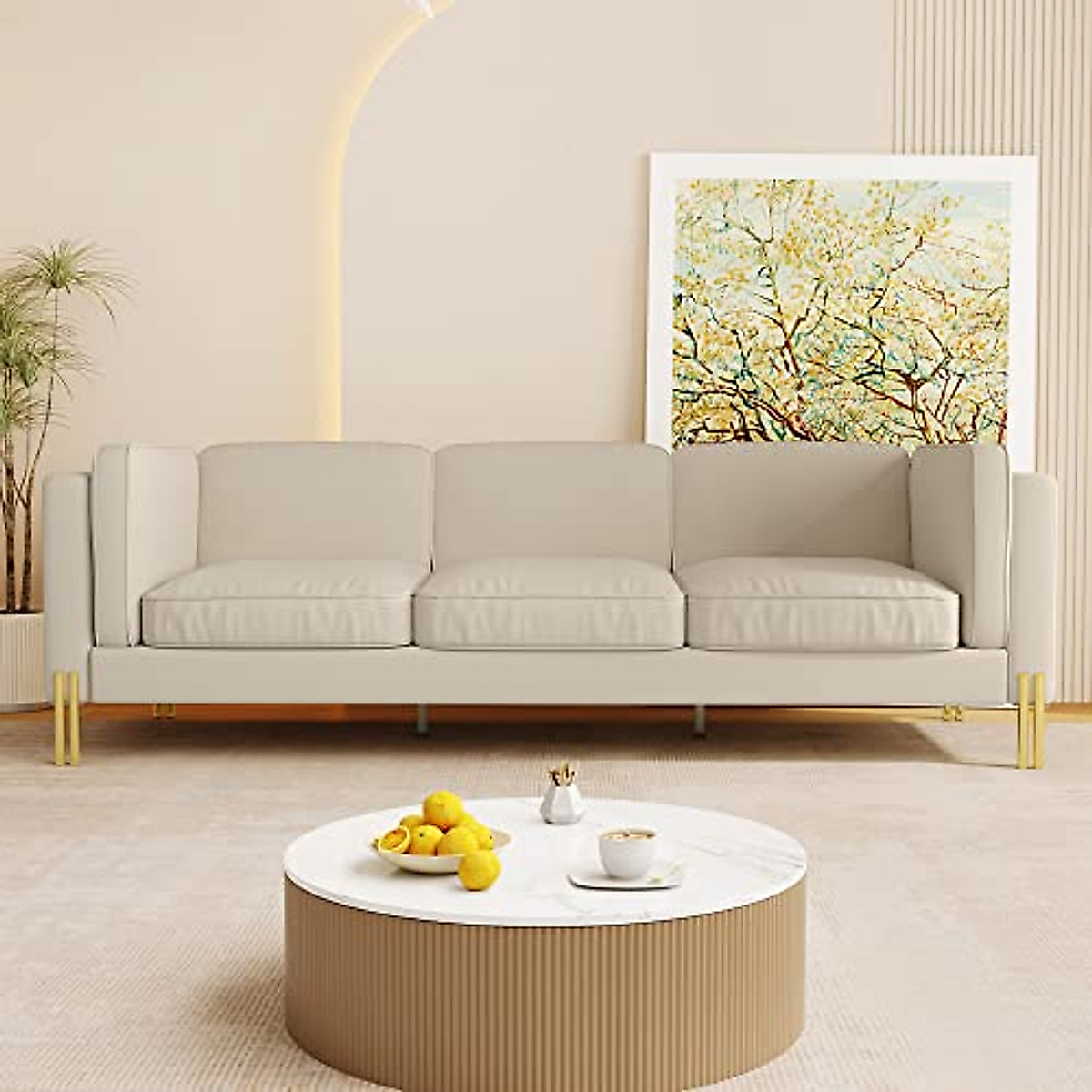 Lostcat Velvet Sofa Couch Mid Century Modern Upholstered 3-Seater Loveseat with Armrest and Stainless Steel Legs for Living Room, Apartment and Small Space, Beige