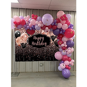 Pink Rose Gold Birthday Backdrop for Women Girls 18th 20th 30th 40th 50th 60th 70th Happy Birthday Background Black and Pink Glitter Balloon Birthday Party Photo Backdrop Banner 8x6ft