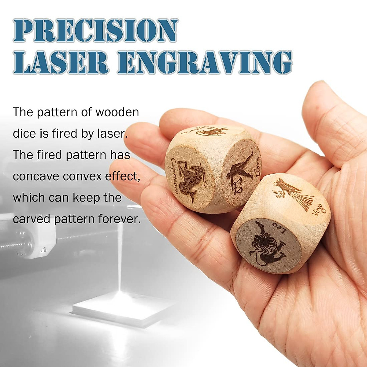 Hometu Creative 30MM Wooden Constellation Dice Set, Laser Engraved 6-Sided Wood Big Zodiac Dices for Constellation Divination Accessory (2Pcs/Set(1Pair), V1)