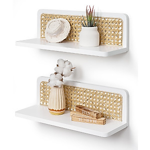 Mazjoaru Rattan Wall Shelf 16inch Set of 2, Handmade Floating Shelves Boho Wall Decor, Rustic Wood Wall Mounted Storage Shelves for Living Room Nursery Bedroom