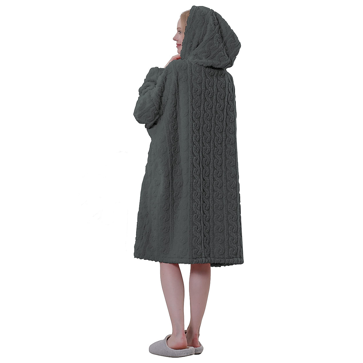 Easy-Going Oversized Wearable Blankets, Cozy and Plush Jacquard Flannel Hoodie Blanket with Front Pocket, Adults, Dark Gray