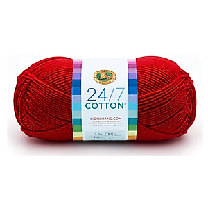 Lion Brand Yarn - 24/7 Cotton - 6 Skeins with Needle Gauge - Christmas Holiday #1 (Grass, Red, & White)