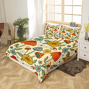 Retro Flowers Duvet Cover Set King Size,70s Floral Mushroom Comforter Cover with 2 Pillowcases,Art Hippie Plant Eye Print Modern Bedding Set for Adult Young Bedroom Xmas Gift
