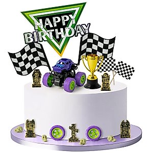 Haooryx Green and Purple Monster Truck Cake Toppers 40Pcs Monster Truck Racing Car Cake Decoration Birthday Dessert Cupcake Cake Topper Decor for Kids Theme Birthday Party Baby Shower Decor Supplies