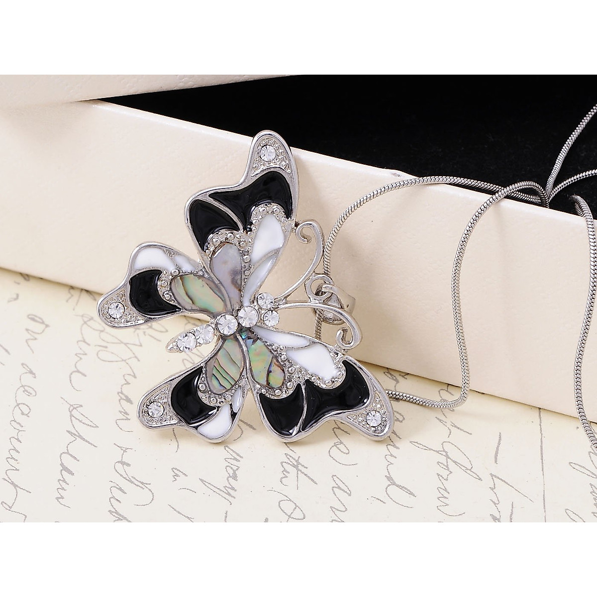 Alilang Silvery Tone Abalone Colored Stones Black White Butterfly Pendant Necklace