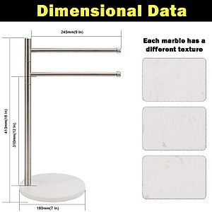 Winmien Standing Hand Towel Holder, Hand Towel Stand with Marble Base, 304 Stainless Steel Towel Rack with 2 Swivel Arm, Countertop Stand Towel Ring Towel Bar for Bathroom Countertop (Brushed Nickel)
