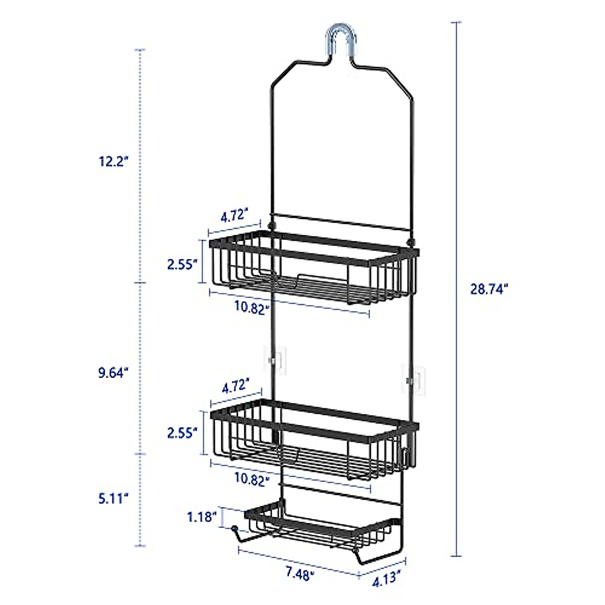 Elbourn Shower Caddy Over Shower Head, Bathroom Hanging Shower Organizer with Hooks, SUS201 Stainless Steel Shower Storage Rack 3 Shelves for Shampoo, Soap and Razor - Black