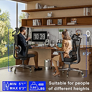 HUAUR C19 Ergonomic Mesh Office Chair with Adjustable Height Lumbar Support，3D Armrest & Headrest，Tilt Function，Blade Wheel for High Back Desk Chair，Swivel Big and Tall Computer Chair (Black)