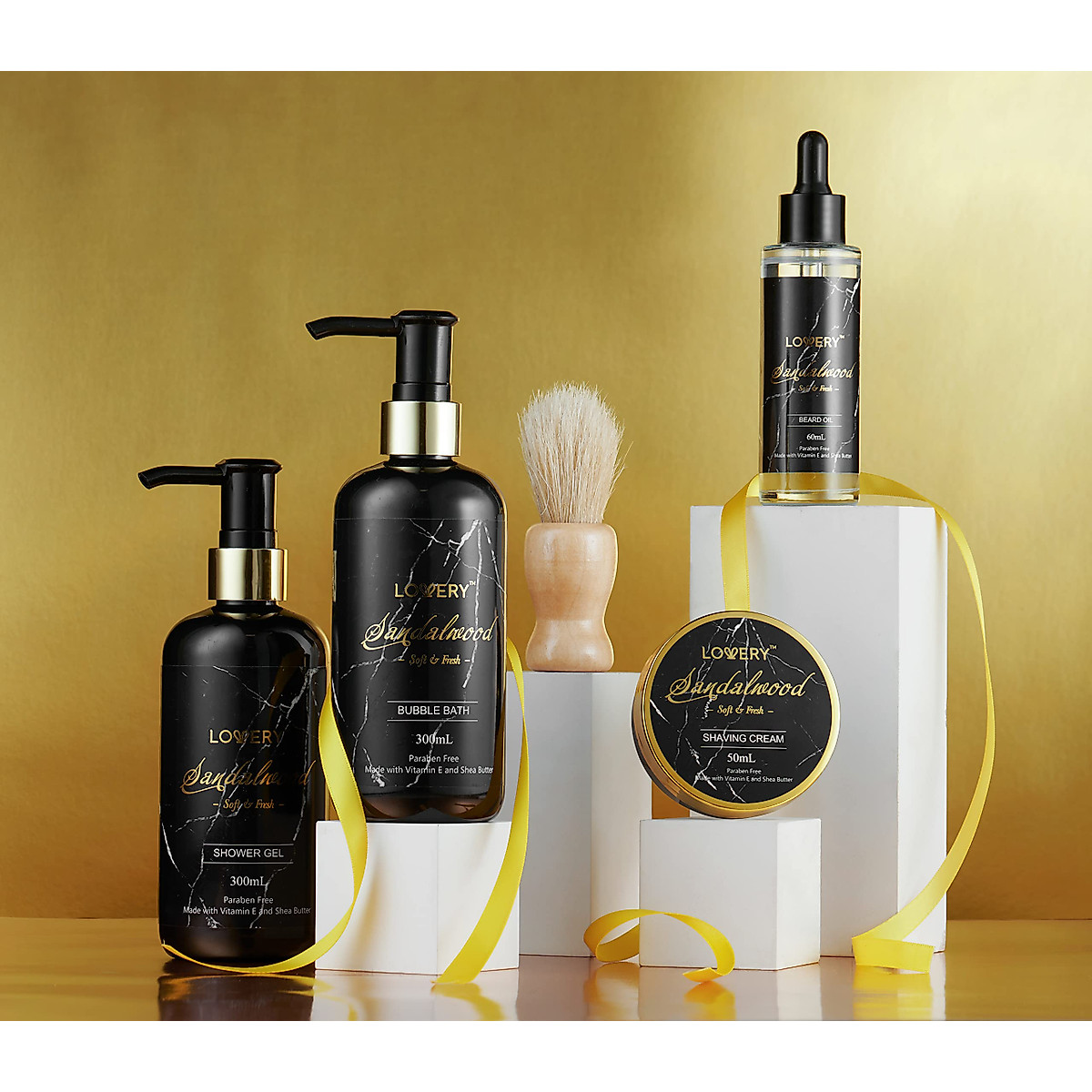 Bath Gift Baskets for Men, Boyfriend, Him, Dad, Sandalwood Mens Grooming Kit, Birthday Gifts for Men, Bath and Body Self Care with Bubble Bath, Beard Brush and More, Beard Care and Spa Set