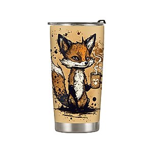 20oz Vintage Coffee Fox Tumbler, Gifts for Fox Lovers, Coffees Thermos for Women, Stainless Steel Double Wall Vacuum Insulated Coffee Mug, Travel Cup with Lid