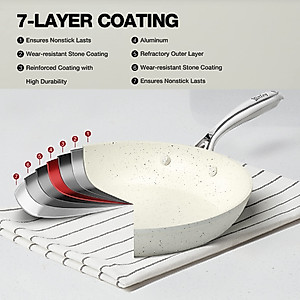 HLAFRG 12 Inch Nonstick Frying Pan with Lid, White Marble Skillet Stone-Derived Coating, APEO & PFOA Free, With Heat-Resistant Handle, Oven Safe and Induction Compatible