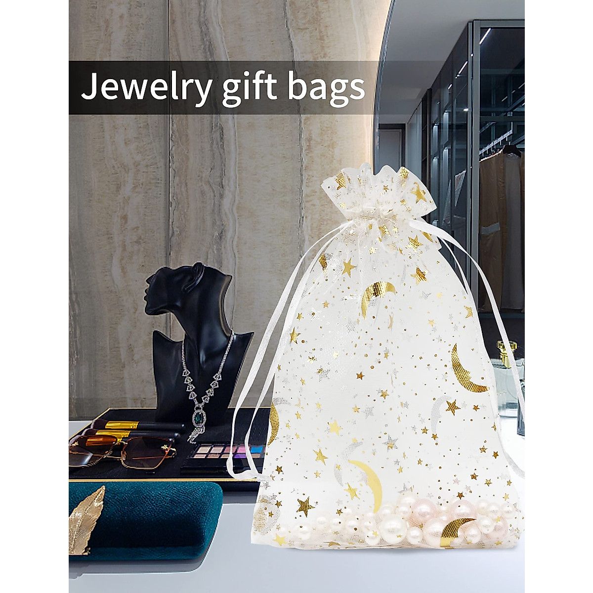 Jexila 100PCS Moon Star Organza Bags 5''X7'' White Mesh Drawstring Jewelry Gift Bags for Baby Shower Wedding Party Favor Candy Bags