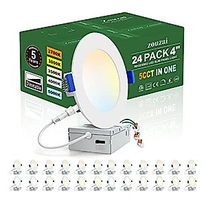 zouzai 24 Pack 4 Inch Ultra-Thin LED Recessed Ceiling Light with Junction Box 5CCT Adjustable Dimmable Can-Killer Downlight - ETL and Energy Star Certified (24 Pack 5CCT White, 4 Inch)