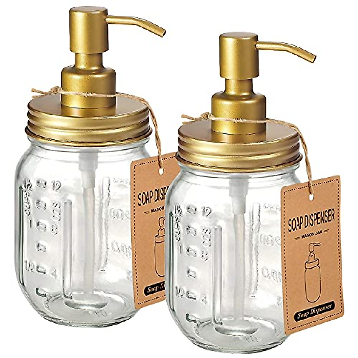 Amolliar 4PCS & 2pcs Gold Mason Jar Bathroom Accessories Set-3pcs Lotion Soap Dispenser & 2 pcs Cotton Swab Holder &1pcs Toothbrush Holder,Waterproof Stickers,Rustic Farmhouse Decor