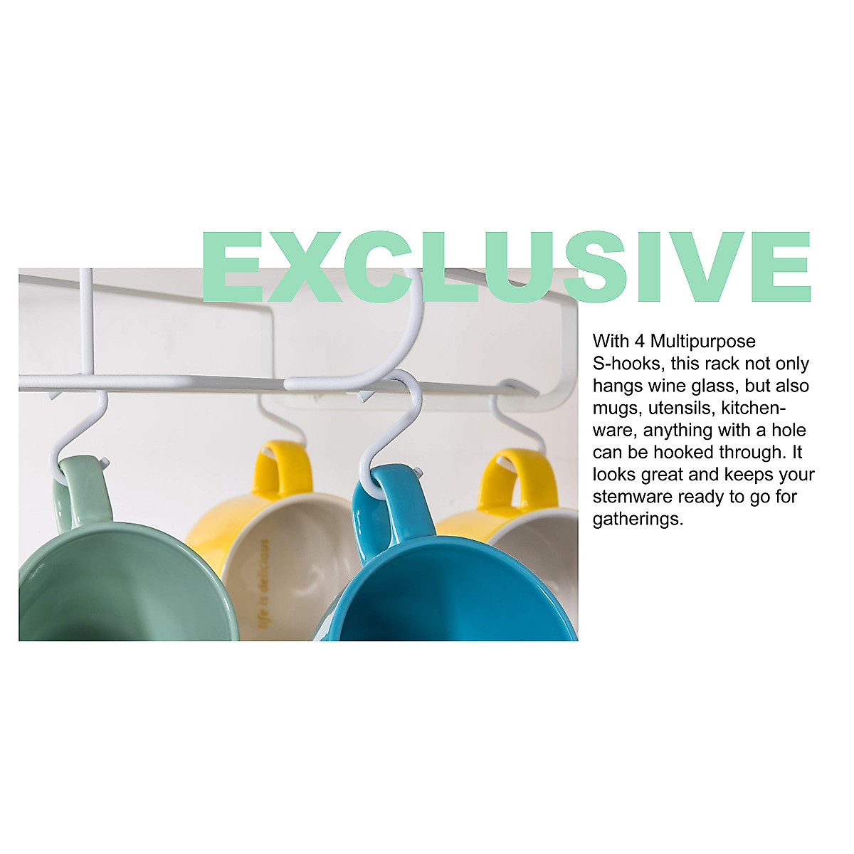 [HomTory] NO DRILLING Nail Free Stemware Wine Glass Metal Hanger Rack Organiser with 4 S-Hooks Combo - Holds Wine Glass, Mug, Utensil, Kitchenware, Stemware for Cabinet, Bar, Shelf, Kitchen