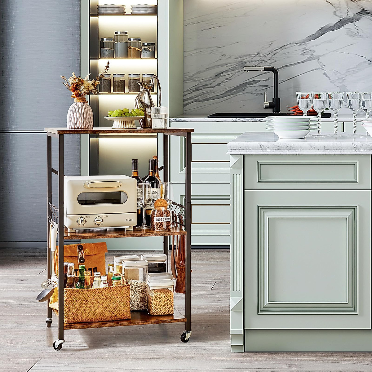 IBUYKE Kitchen Shelf Cart, 3-Tier Microwave Oven Stand, Baker’s Rack with Metal Frame and 8 Hooks, Industrial Printer Stand, Utility Standing Storage Shelf for Coffee Bar, Simple Assembly, TMJ023H