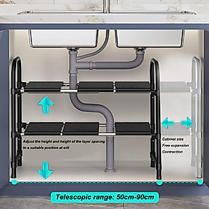 Under Sink Organizer, NEWRAIN 2-Tier Expandable Cabinet Shelf Organizer with Removable Panels, Multi-Use for Under Kitchen Bathroom Sink Organizers and Storage