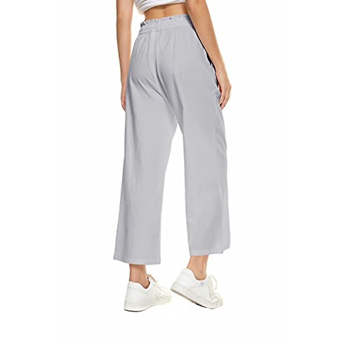 LNX Womens Wide Leg Linen Pants High Waisted Drawstring Flowy Casual Crop Trousers with Pockets Gray