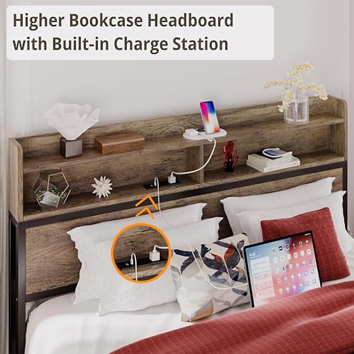 IRONCK Full Size Bed Frame with Bookcase Headboard with Charging Station, Mattress Foundation/No Box Spring Needed, Non-Slip Without Noise, Rustic Maple