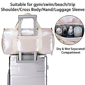 Gym Bag Sports Duffle Bag with Wet Pocket Weekender Overnight Bag with Waterproof Shoe Pouch and Air Hole for Women Girls Travel Foldable Bag (Metallic Beige)
