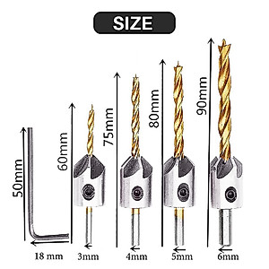 Pteanecay Titanium Coated Countersink Drill Bit Set Woodworking Carpentry Reamer Tool Set with Hex Key Wrench,4 PCS