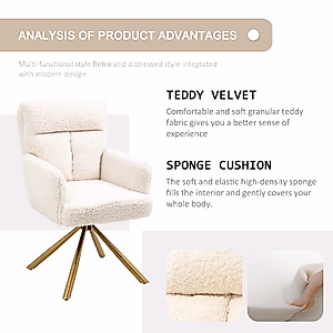 Ugijei Teddy Office Desk Chair No Wheels, Modern Vanity Chair with Gold Legs, Wide Seat Computer Task Chair for Home Office (Beige)