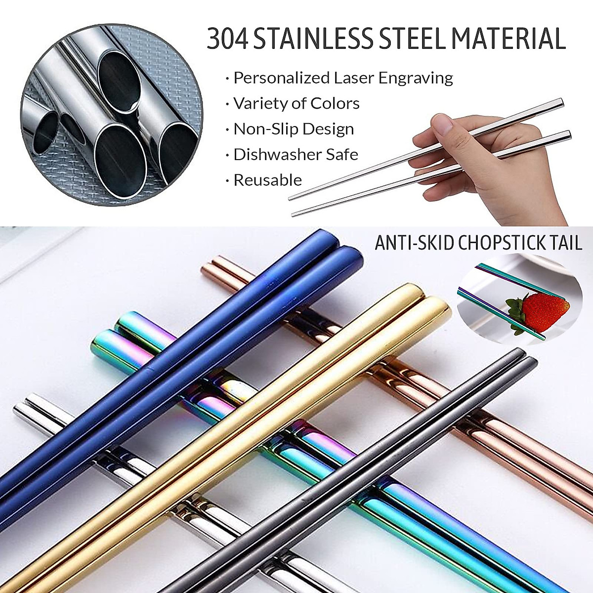 Personalized Chopsticks, Engraved Chopsticks with Name Text Date, Custom Reusable Stainless Steel Chopsticks for Housewarming Weddings Anniversaries Parties