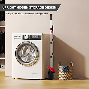 Broom with Dustpan Combo Set,UDUK 51'' Long Handle Broom with Standing Dustpan for Home, Heavy Duty Broom and Dustpan Set with Lid and Cleaning Teeth, Ideal for Pet Store Kitchen Indoor Outdoor (Red)