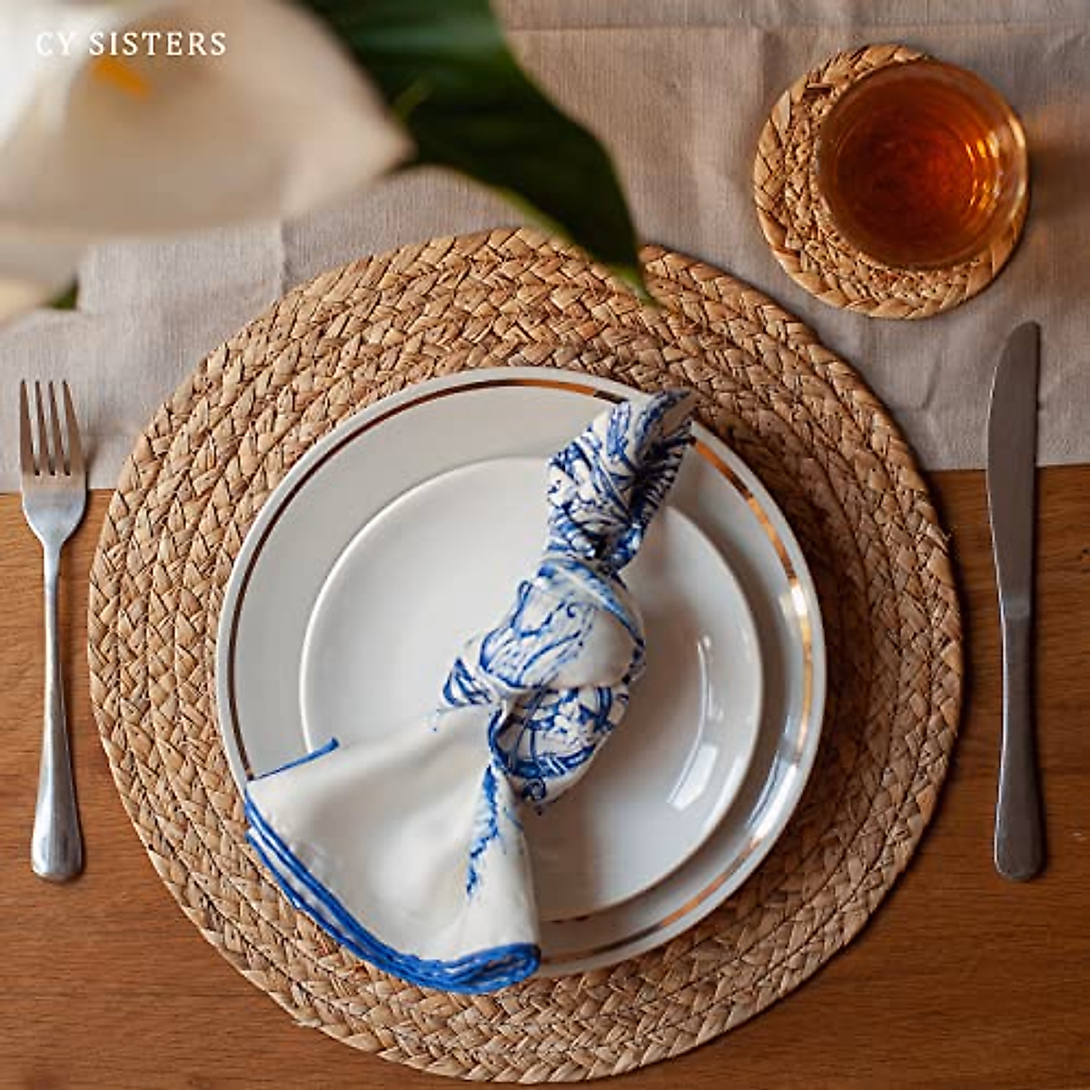 CY SISTERS Round Placemats Set of 6 Rattan Placemats Woven Placemats 13.5 Inch Natural Hyacinth Wicker Placemats Farmhouse Boho Circle Braided Heat Resistant Outdoor Placemats Patio Table Place Mats