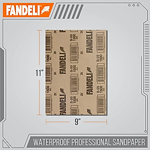 Fandeli | Waterproof Sandpaper | 1500 Grit | 25 Sheets 9'' x 11'' | For Car Polishing, Wooden Furniture Sanding and Metal Sanding | Water Resistant