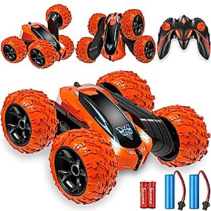 Remote Control Car, 2.4GHz Electric Race Stunt Car, Double Sided 360° Rolling Rotating Rotation, LED Headlights RC 4WD High Speed Off Road Gift for 3 4 5 6 7 8-12 Year Old Boy Toys (Orange)
