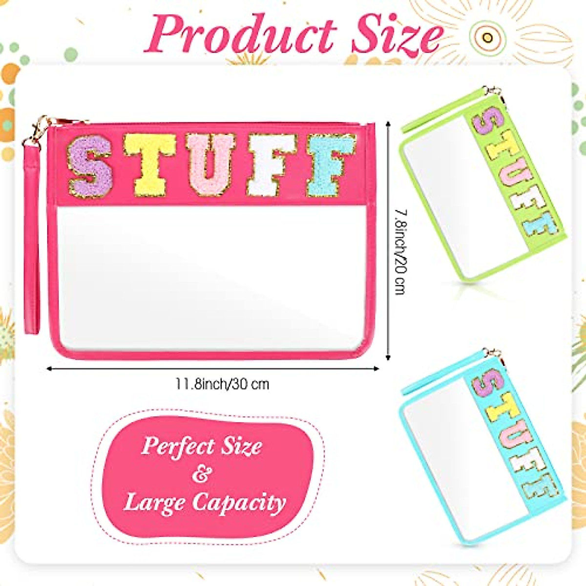 9PCS Clear Chenille Letter Bag Multi-purpose Stuff Snack Pouch Bag PVC Preppy Makeup Stuff Bag with Wristlet Waterproof Snack Stadium Bag Organizer Cosmetic Bag for Women Travel (Multicolor,Stuff)