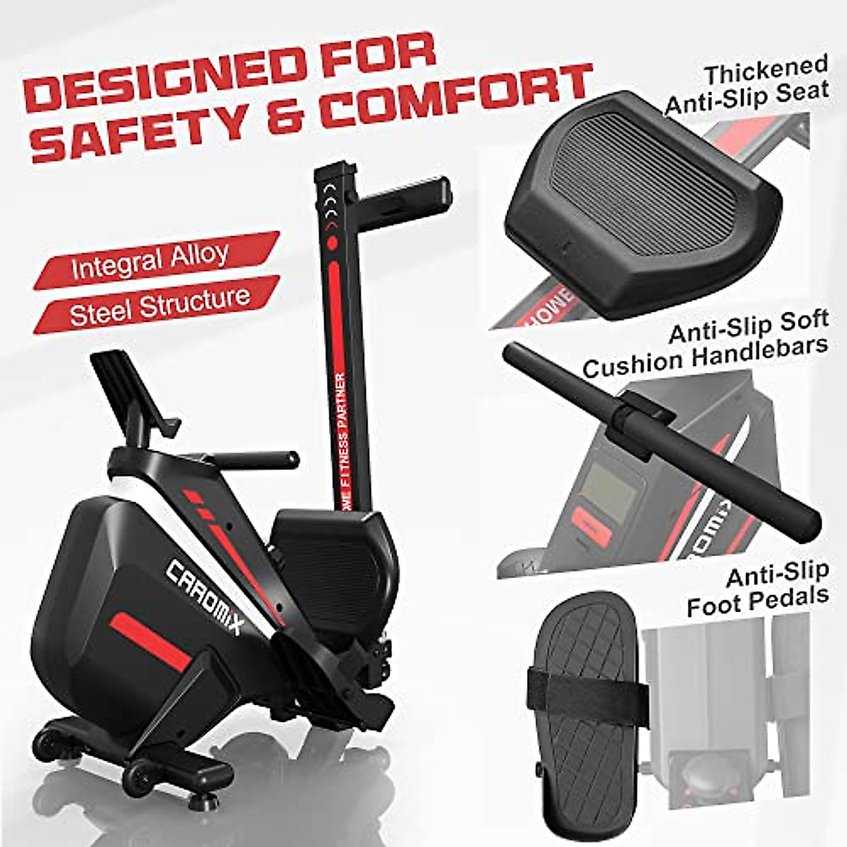 Caromix Rowing Machine Magnetic Row Machine Foldable Rower with 8 Level Adjustable Quiet Magnetic Resistance, Ergonomic Seat & LCD Monitor (Black)