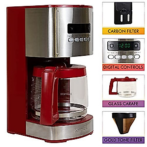 Kenmore Aroma Control 12-cup Programmable Coffee Maker, Red and Stainless Steel Drip Coffee Machine, Glass Carafe, Reusable Filter, Timer, Digital Display, Charcoal Water Filter, Regular or Bold
