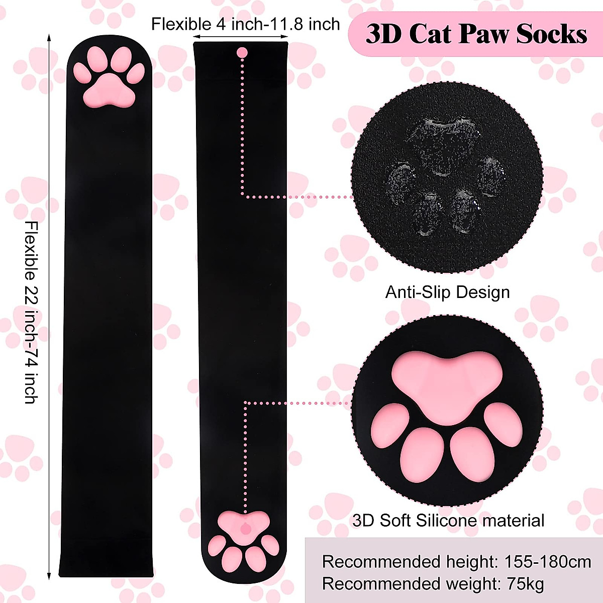 3D Cat Claw Pad Stockings and Gloves Thigh High Socks Long Gloves Silicone Claw Lolita Cat Cosplay for Girls Women (Black and Pink)