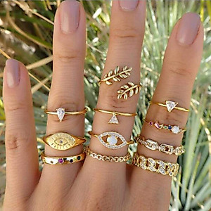 Missgrace Stackable Dainty Gold Color Boho Rhinestones Rings Set Festival Bohemian Rings Set Beach and Vacation Summer Jewelry Knuckle Rings Tribal Accessory for Women and Girls 11 (Style 8)