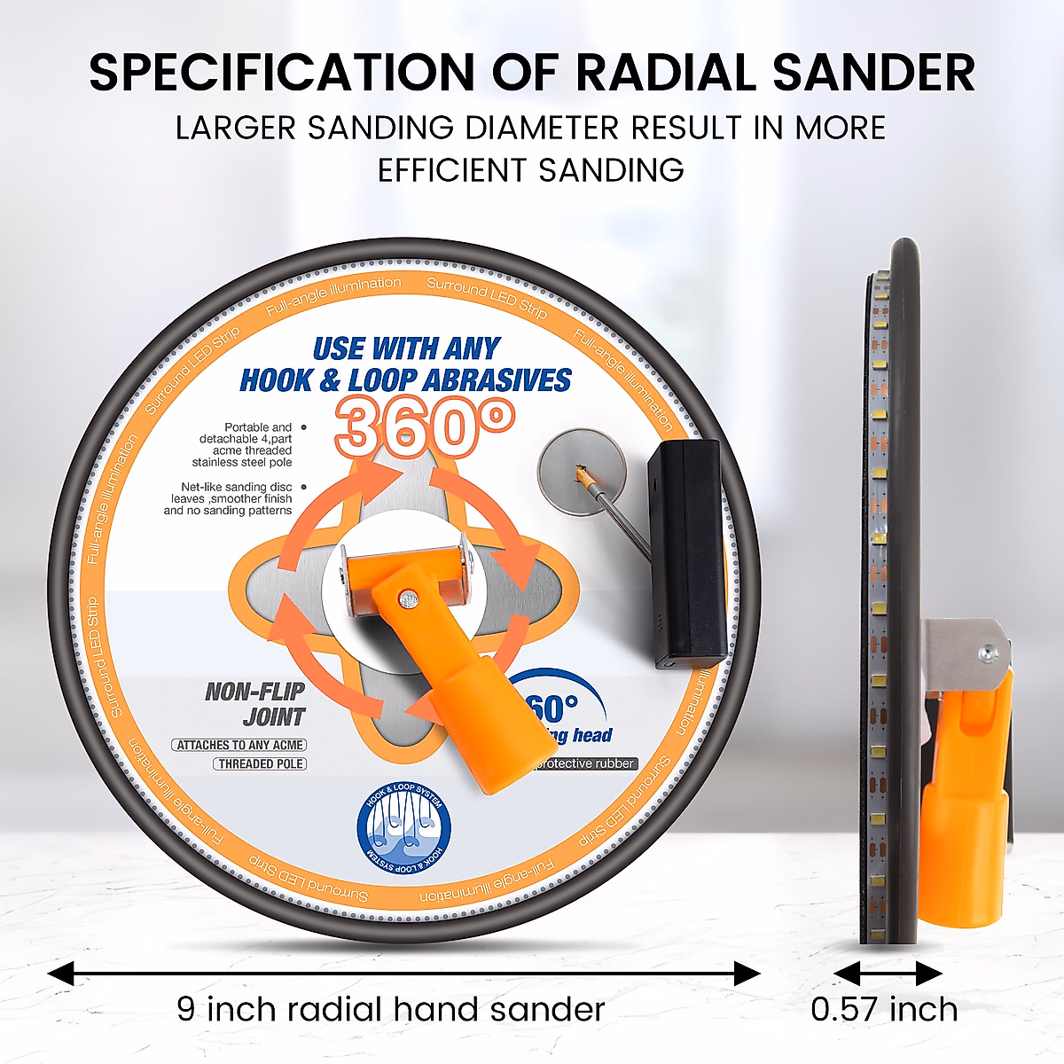Hohean 9 Inch Drywall Sander with LED Light, Radial Sander with 360 Degree Rotary Round, Drywall Handing Pole Sander for Wall Cleaning and Polishing, Circular Ceiling Sander for Dry Wall and Painting