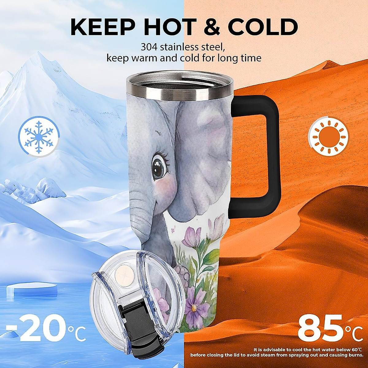 40 Oz Cute Baby Elephant Insulated Stainless Steel Tumbler with Handle & Straw Lid, Reusable Travel Cupholder Friendly Mug for Coffee, Water, Tea