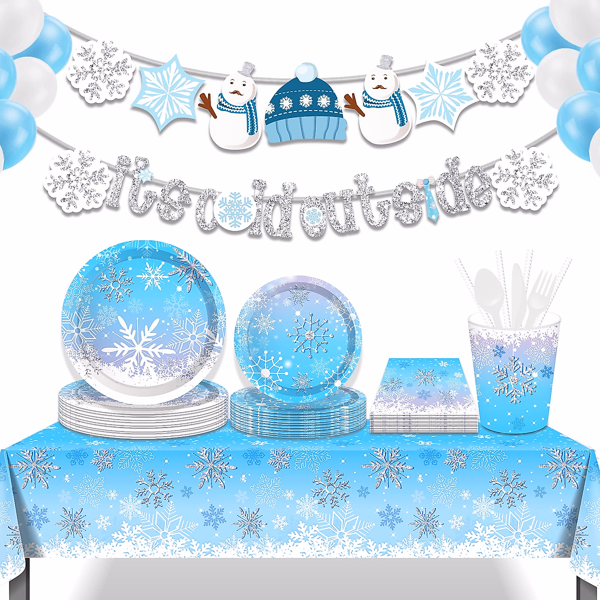 Winter Party Decorations, Snowflake Party Decorations, Christmas Party Decorations Include Blue Snow Party Plate, Dessert Plates, cups, Napkins (16 Guests)