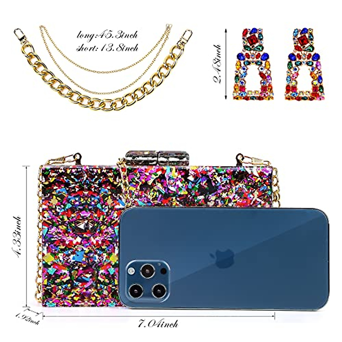 BOBOKA Acrylic Clutch Purses with Rhinestone Rectangle Dangle Earrings Glitter Purse for Women Multicolor Perspex Geometric Patterns Banquet Evening Bag Shoulder Crossbody Handbags