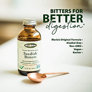 Flora - Swedish Bitters for Digestion, Alcohol-Free Bitters Help Bloating & Digestion, Maria's Original Formula Aqueous Extract, Vegan, Kosher, Non GMO, 3.4-fl. oz. Glass Bottle