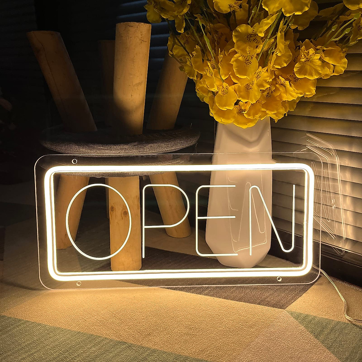 Neon Open Sign for Business, Personalized LED Open Light Up Sign Powered by USB for Bar, Stores, Salon, Coffee Shop Window, Hotel etc Small Business Welcome Neon Sign, Warm White, 15.7x7.5in