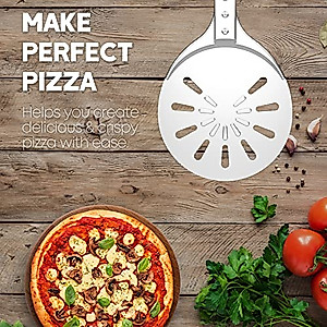 Pizza Turning Peel 8-inch Round Head Pizza Turner, Anodized Aluminum Perforated Pizza Peel Spinner with Long Handle, Pizza Oven Accessories